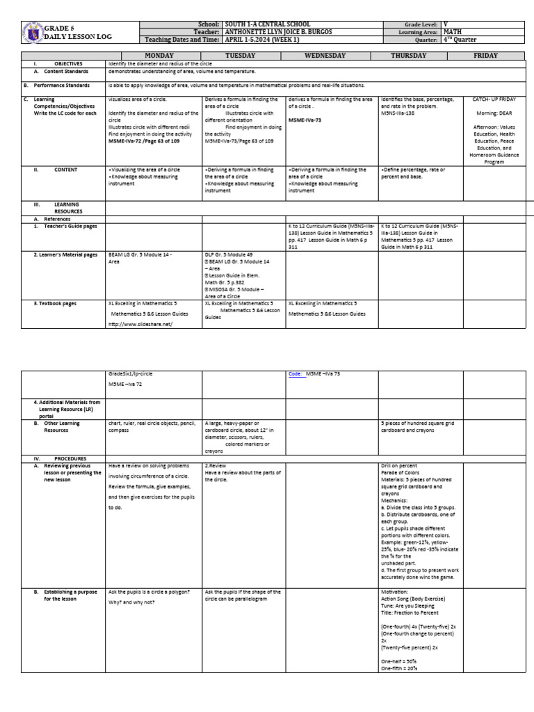 Grade 5 Math DLL: Week 1, Quarter 4 | PDF | Area | Circle