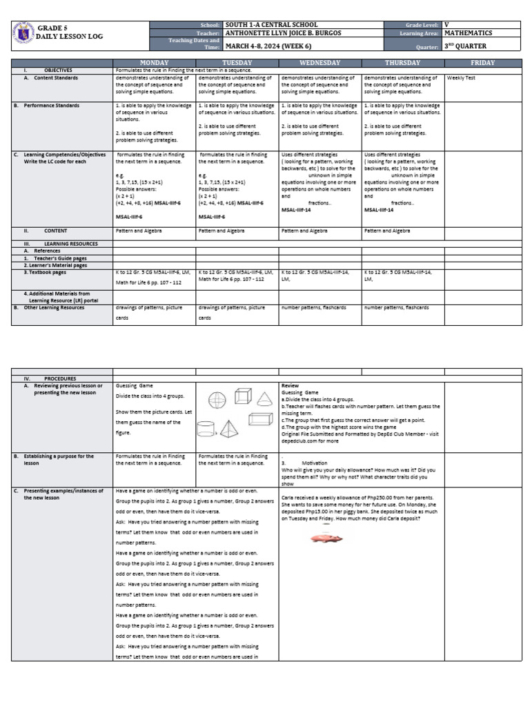 DLL_MATHEMATICS 5_Q3_W6 | PDF | Differentiated Instruction | Learning