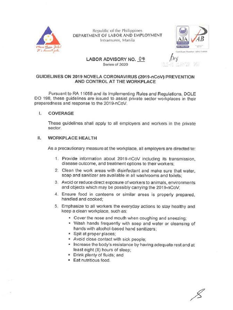 DOLE - Labor Advisory #04 - nCOV Virus | PDF
