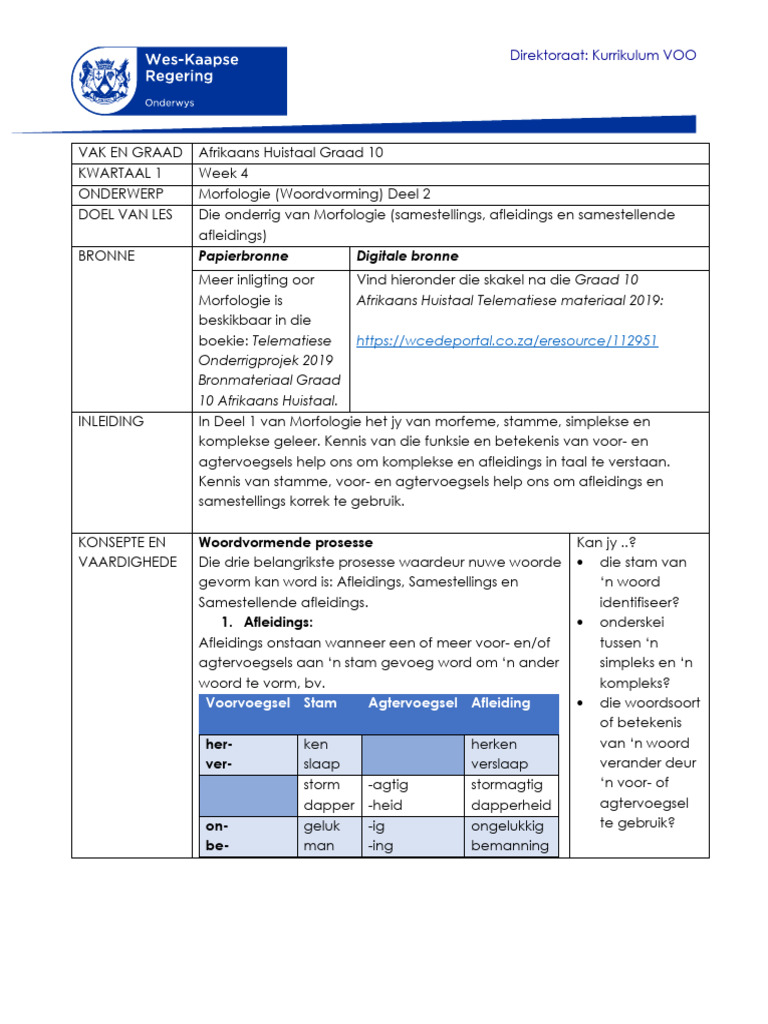 Afrikaans HT Graad 10 Kwartaal 1 Week 4 - 2021 | PDF