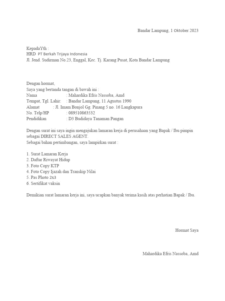 Surat Lamaran Dika NEW 1 | PDF