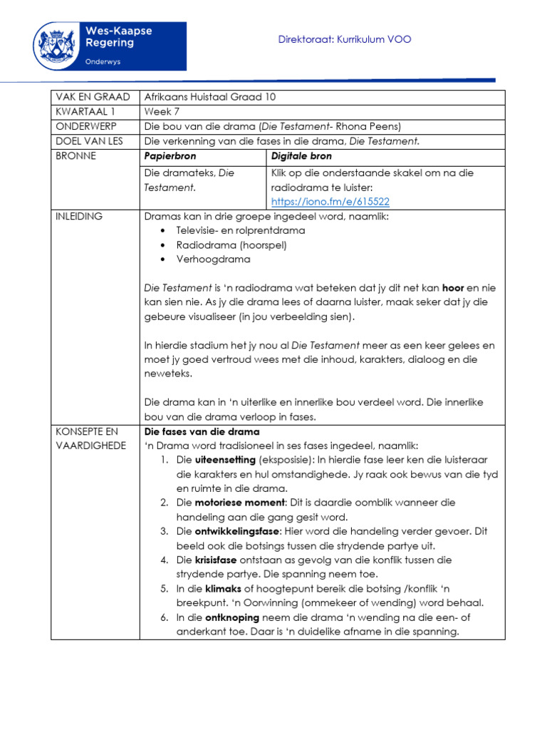 Afrikaans HT Graad 10 Kwartaal 1 Week 7 - 2021 | PDF