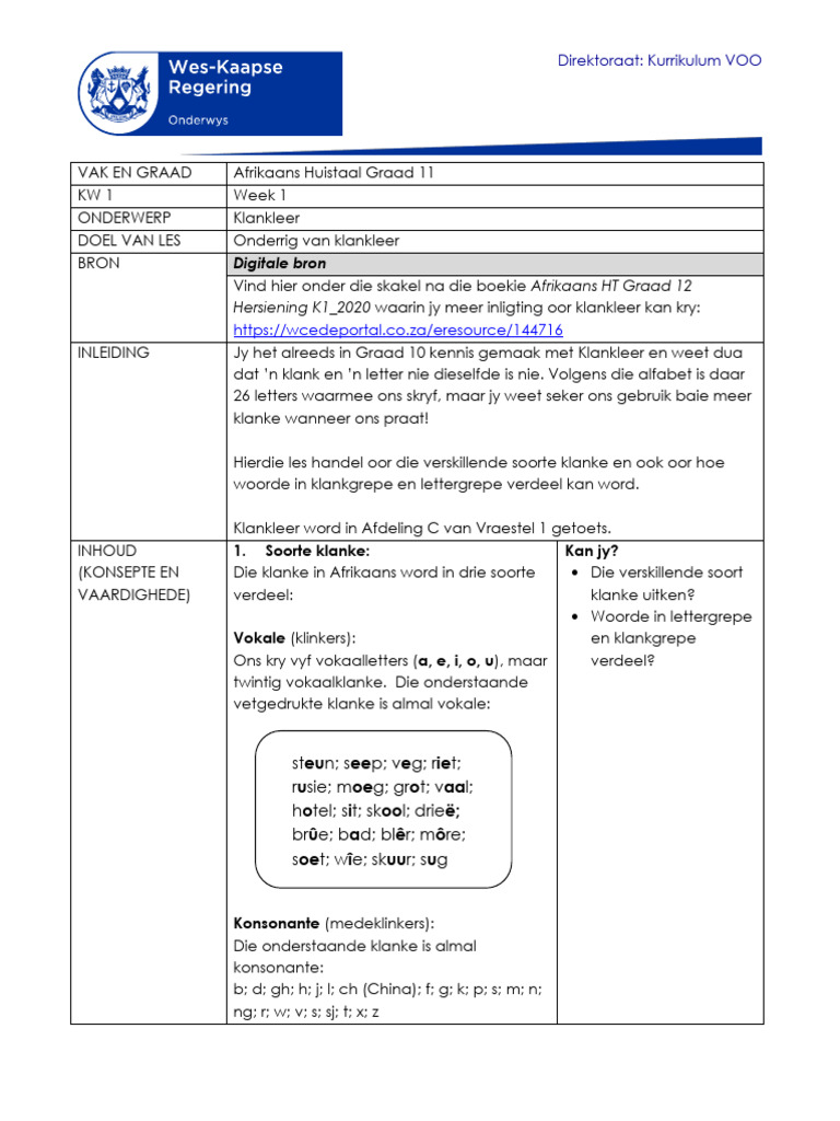 Afrikaans HT Graad 11 Kwartaal 1 Week 1 - 2021 | PDF