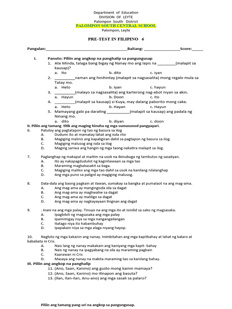 Filipino 6 Diagnostic Test Final | PDF