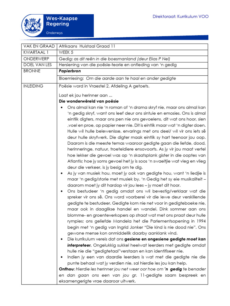 Afrikaans HT Graad 11 Kwartaal 1 Week 5 - 2021 | PDF