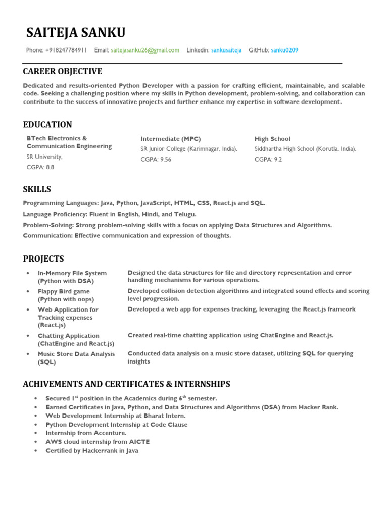 Resume Python Developer Pdf 
