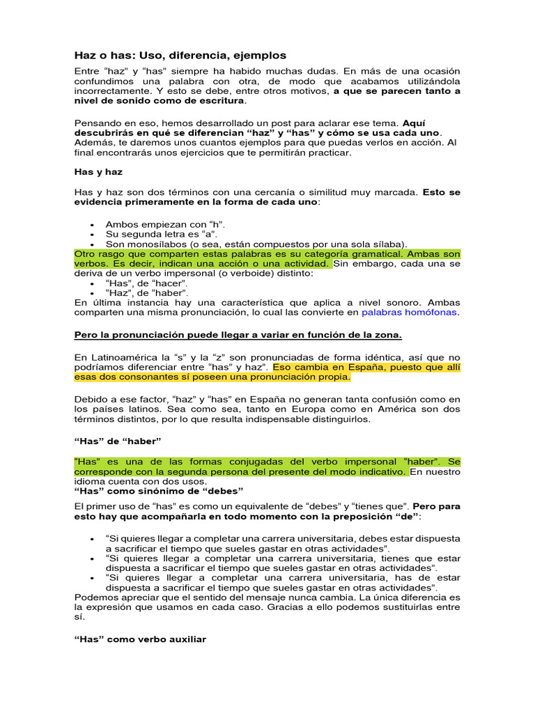 EL USO DES HAS-HAZ-HECHO | PDF | Verbo | Morfología Lingüística