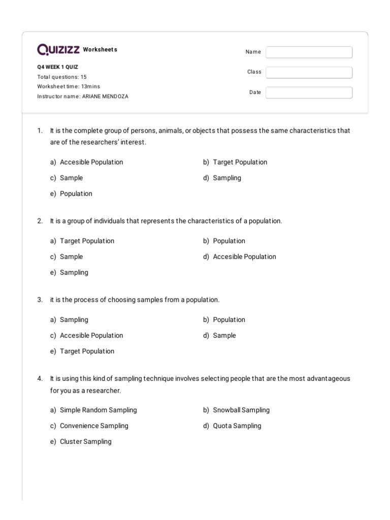 Worksheet S: Q4 Week 1 Quiz | PDF | Sampling (Statistics) | Research ...