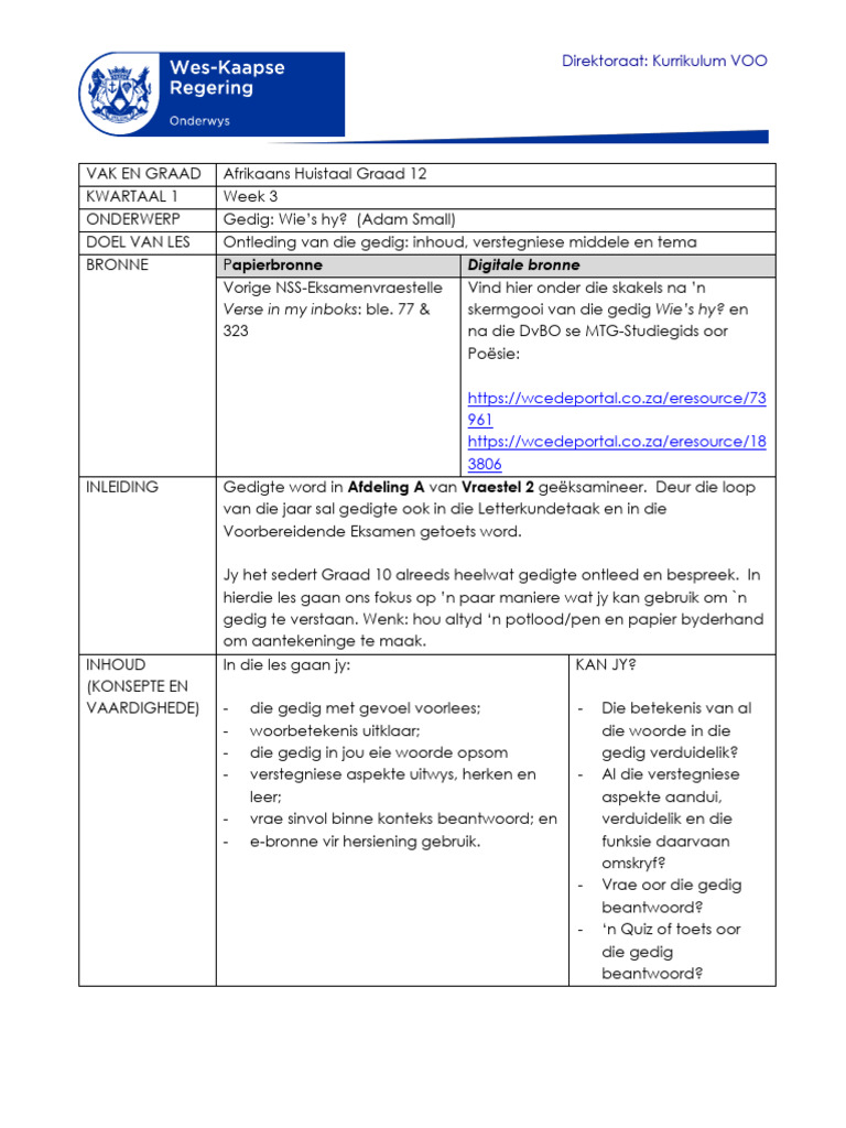 Afrikaans HT Graad 12 Kwartaal 1 Week 3 - 2021 | PDF