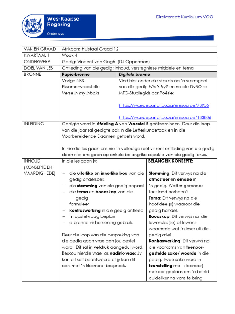 Afrikaans HT Graad 12 Kwartaal 1 Week 4 - 2021 | PDF