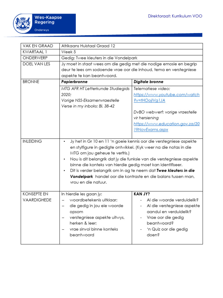 Afrikaans HT Graad 12 Kwartaal 1 Week 5 - 2021 | PDF