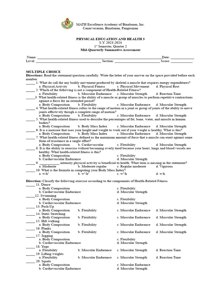 Q2 MSQA Physical Education and Health 3 | PDF | Physical Fitness ...