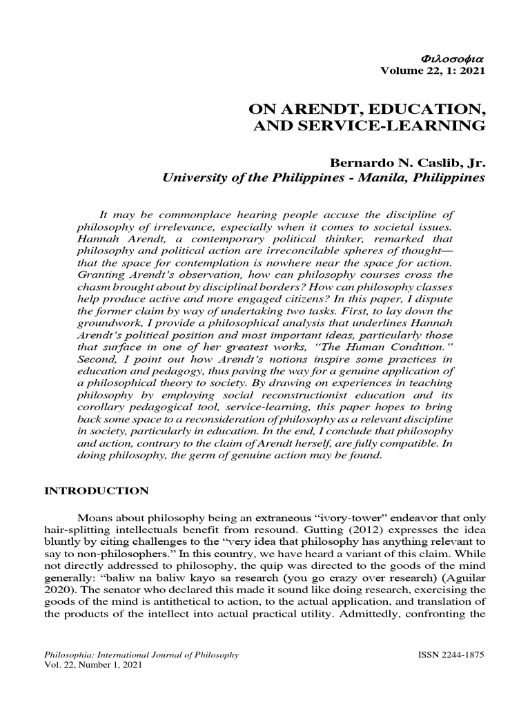 Caslib - Arendt and Education | PDF | Hannah Arendt | Service Learning