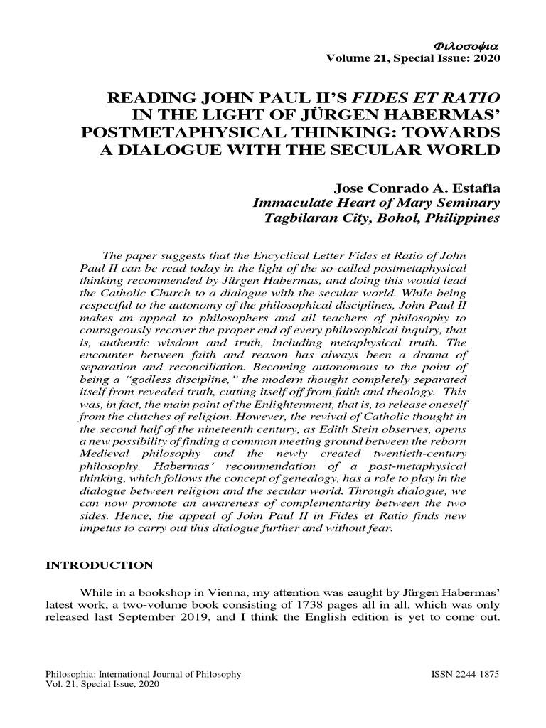 Estafia - Reading John Paul II's Fides Et Ratio | PDF | Reason | Faith