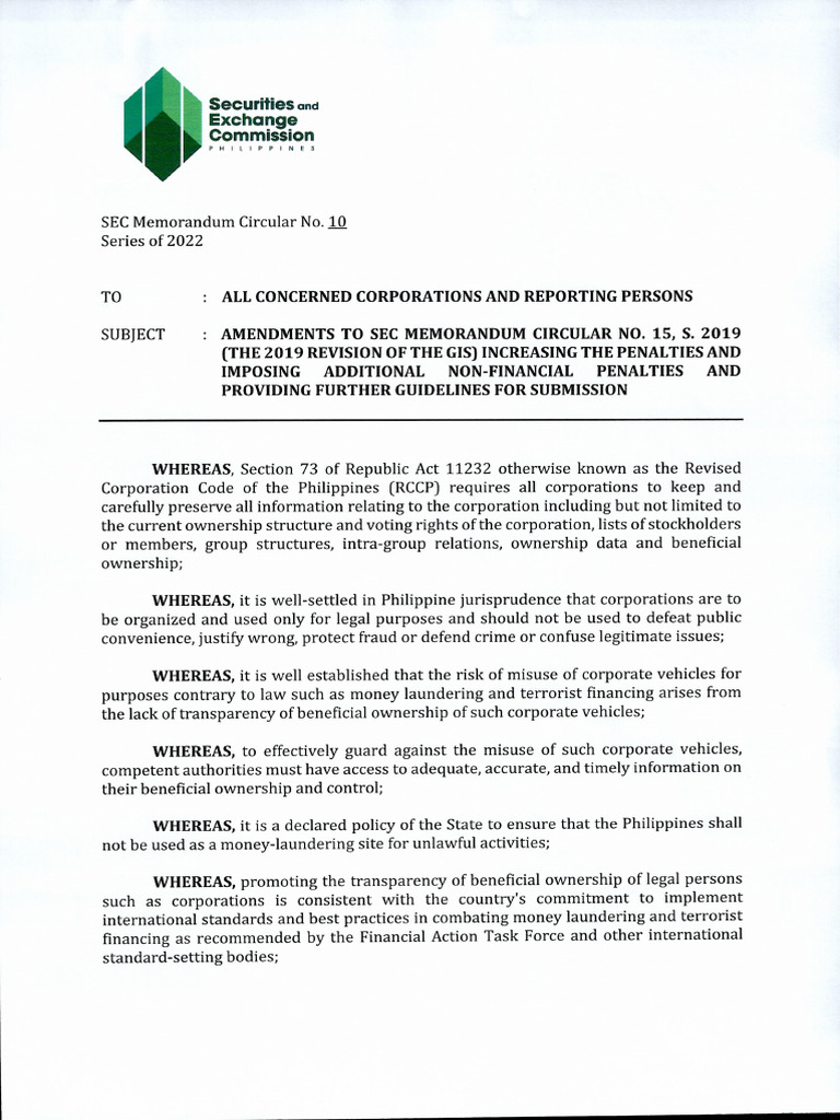 2022 SEC MC No. 10 S. of 2022 Amendments To SEC Memorandum Circular No. 15 S. 2019 The 2019 ...
