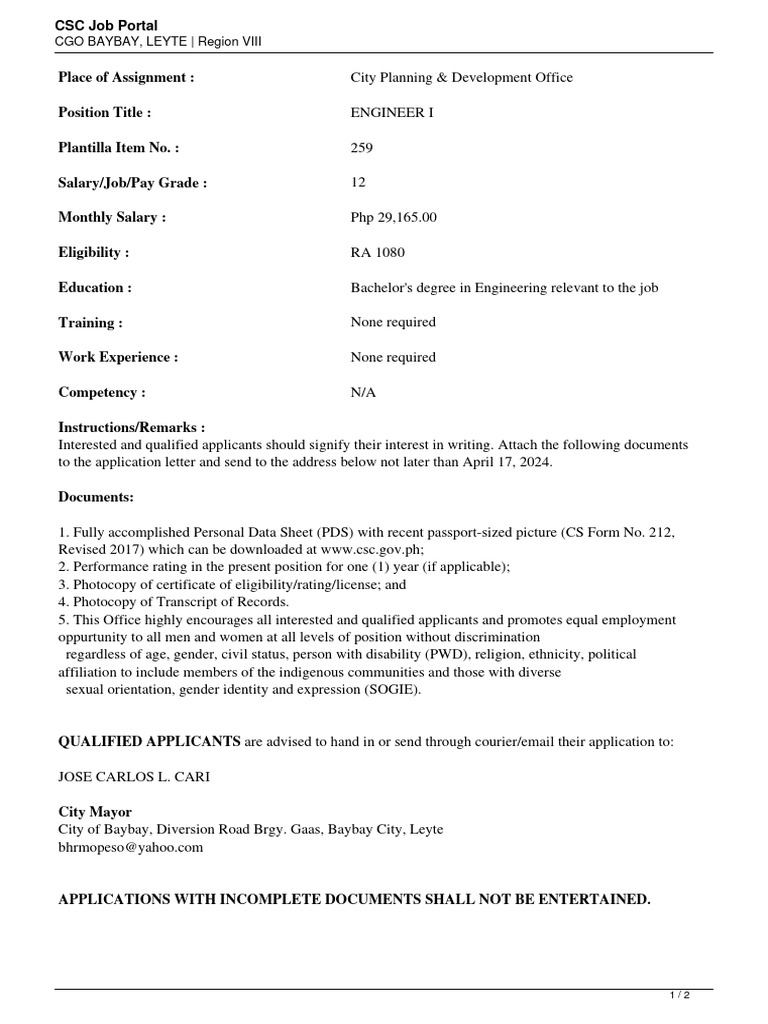 Cgo Baybay Leyte-Engineer I | PDF