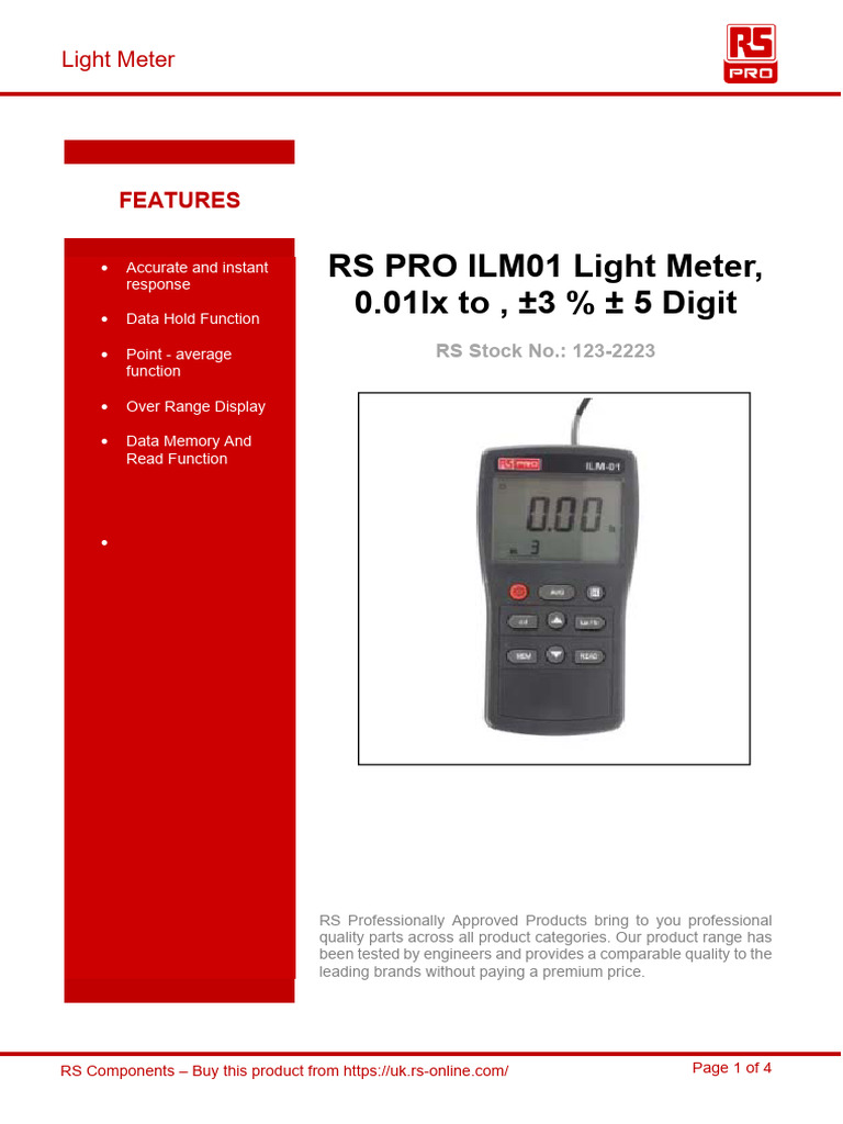 RS PRO ILM01 Light Meter, 0.01lx To, 3 % 5 Digit: Features | PDF ...