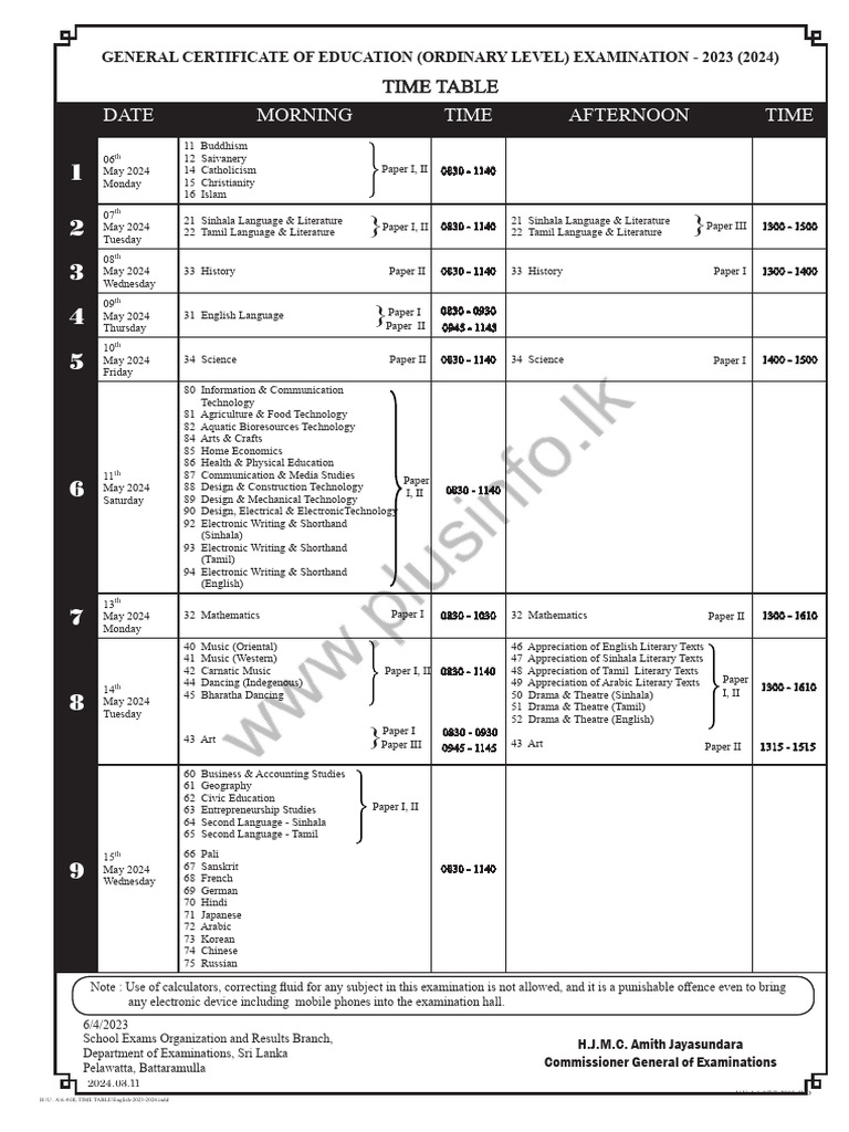 Timetable For GCE Ordinary Level (OL) Examination 2023 (2024) - WWW ... Timetable For GCE Ordinary Level (OL) Examination 2023 (2024) - WWW ...