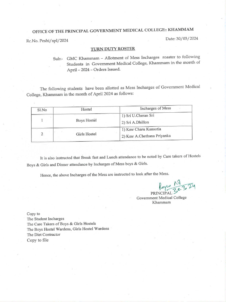 Students Mess Incharges - For April'2024 | PDF