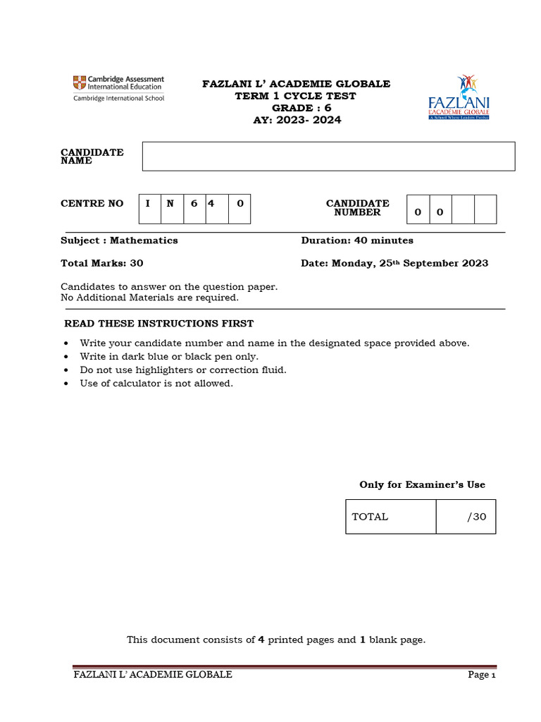 Gr-6 Math Cycle Test Paper | PDF