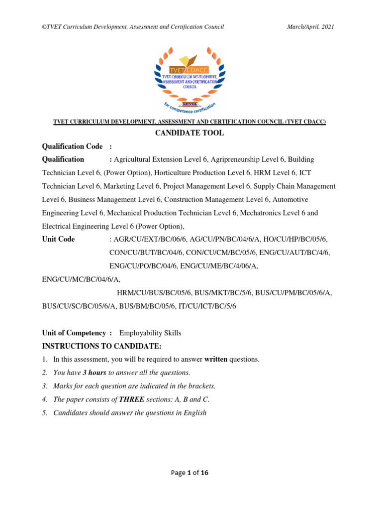 TVET Level 6 Employability Skills Assessment | PDF