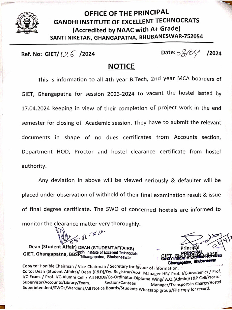 Hostel Notice To Vacant Room Date 8-04-2024 | PDF