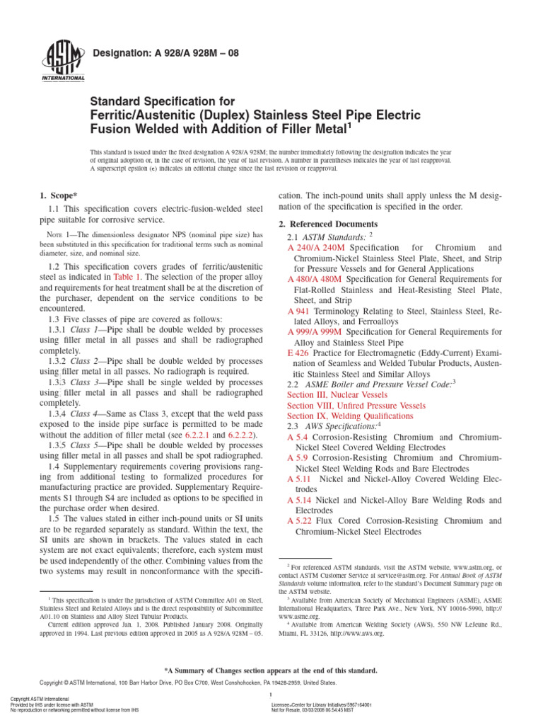 Astm A928a 928M - 08 | PDF | Pipe (Fluid Conveyance) | Welding