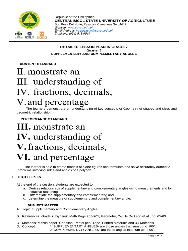 Detailed Lesson Plan4 in Mathematics | PDF | Geometry | Angle