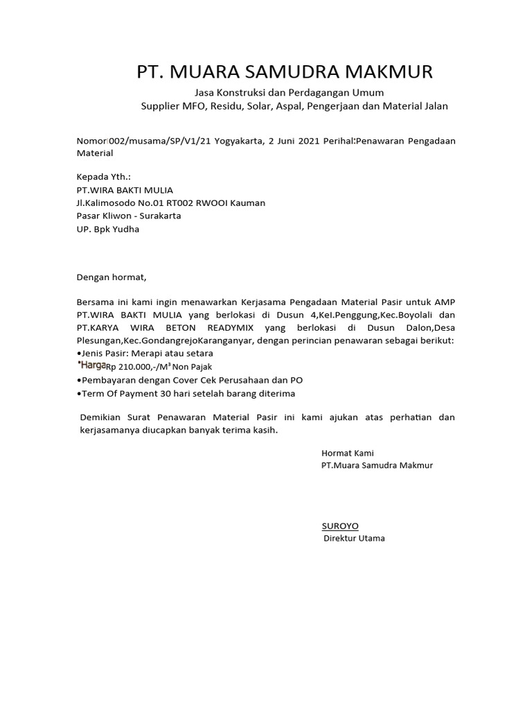 Surat Penawaran Pengadaan PT Muara Samudra Makmur | PDF