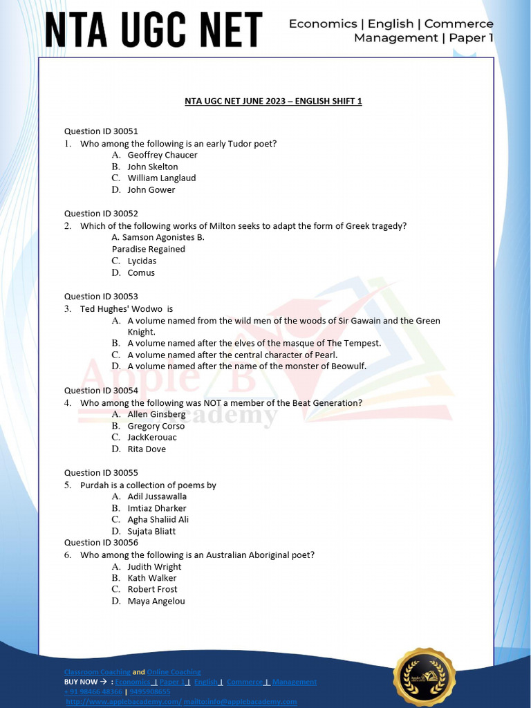 Nta Ugc Net June 2023 - English Shift 1 | PDF