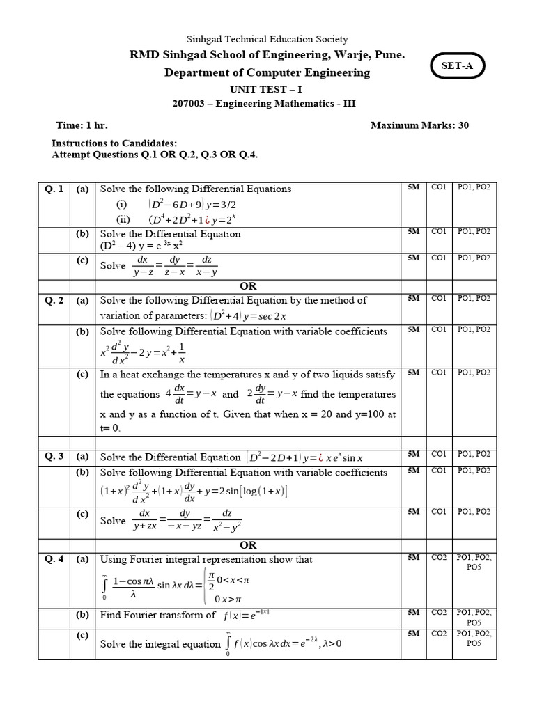 M-III Unit Test - I SET-A QP | PDF | Equations | Ordinary Differential ...