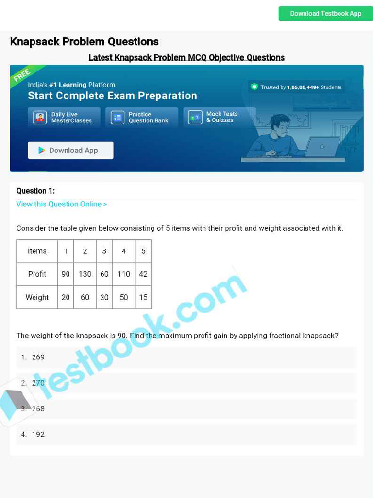 mcq-on-knapsack-problem--5eea6a0c39140f30f369e0d9 | PDF