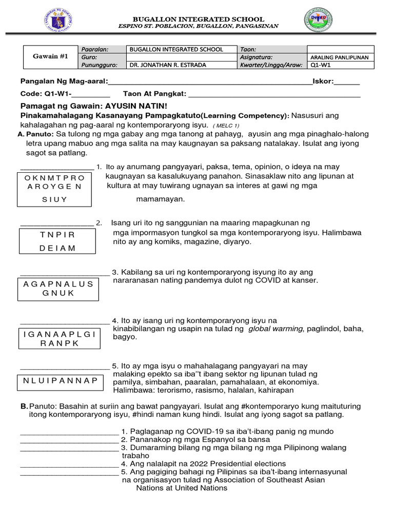 AP 10 Activity Sheets Q1 WK 1 3 | PDF