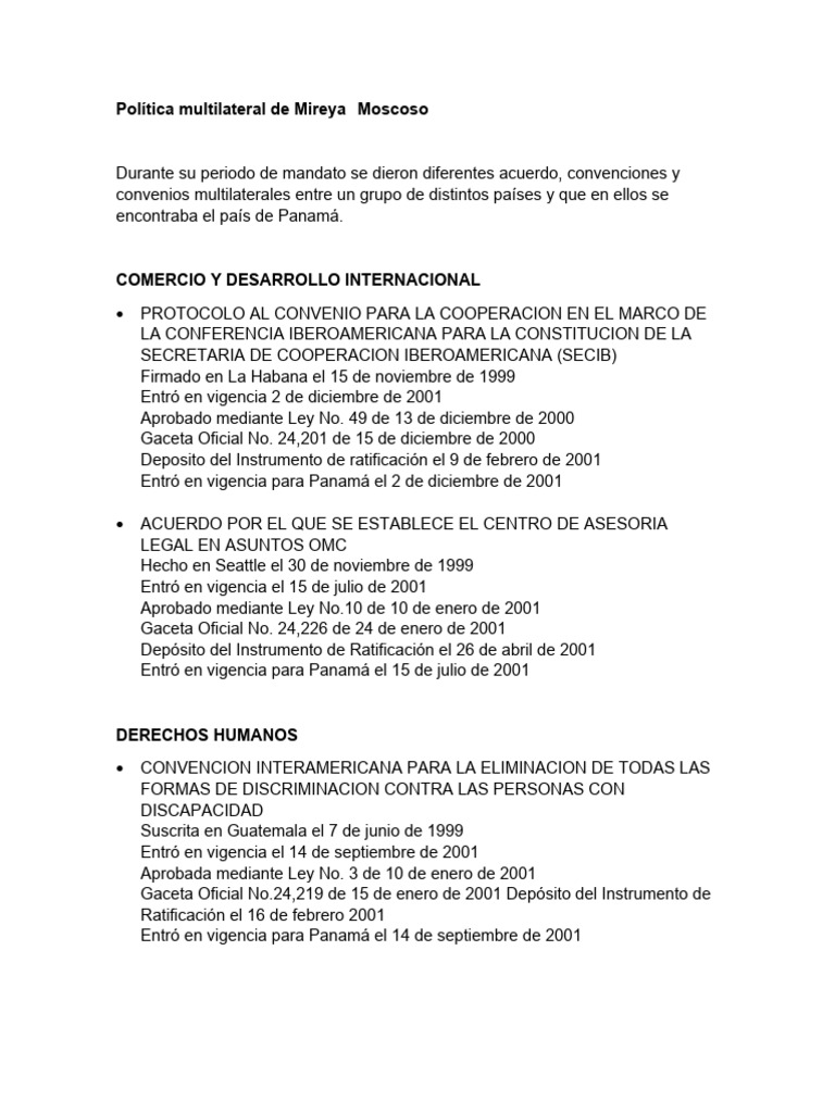 Politica Multilateral de Mireya Moscoso | PDF | Convenio europeo de derechos humanos | Justicia