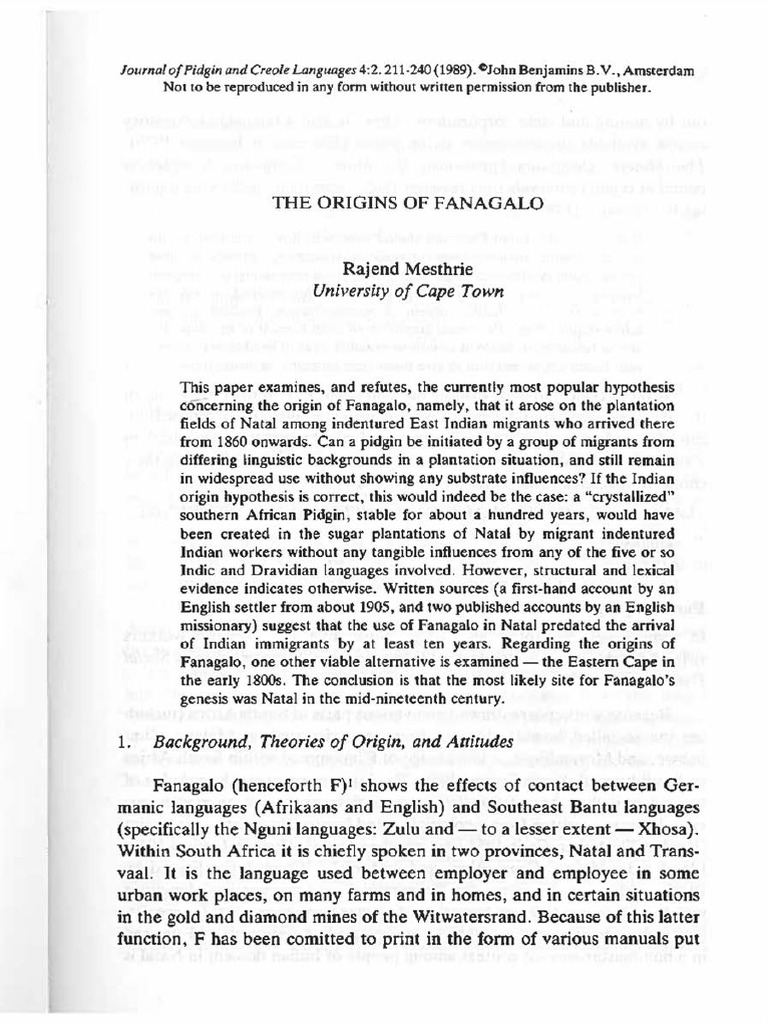 Mesthrie Origins of Fanagalo Part 1 | PDF | Linguistics | Languages