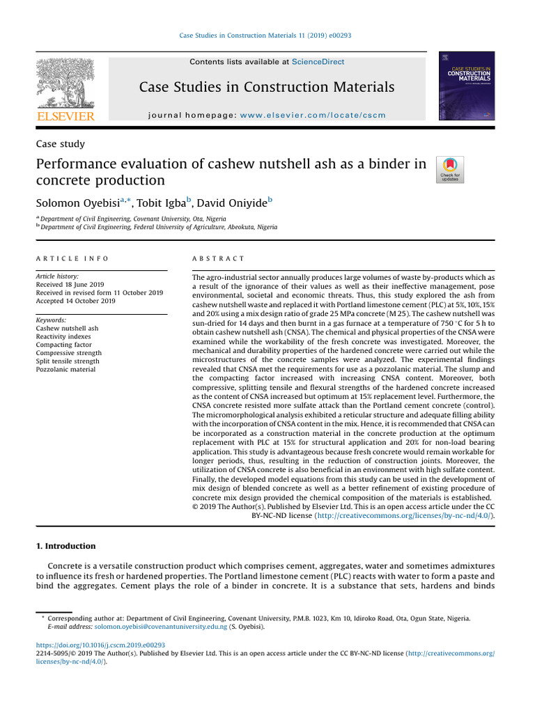 Performance Evaluation of Cashew Nutshell Ash As 2019 Case Studies in Constr | PDF | Concrete ...