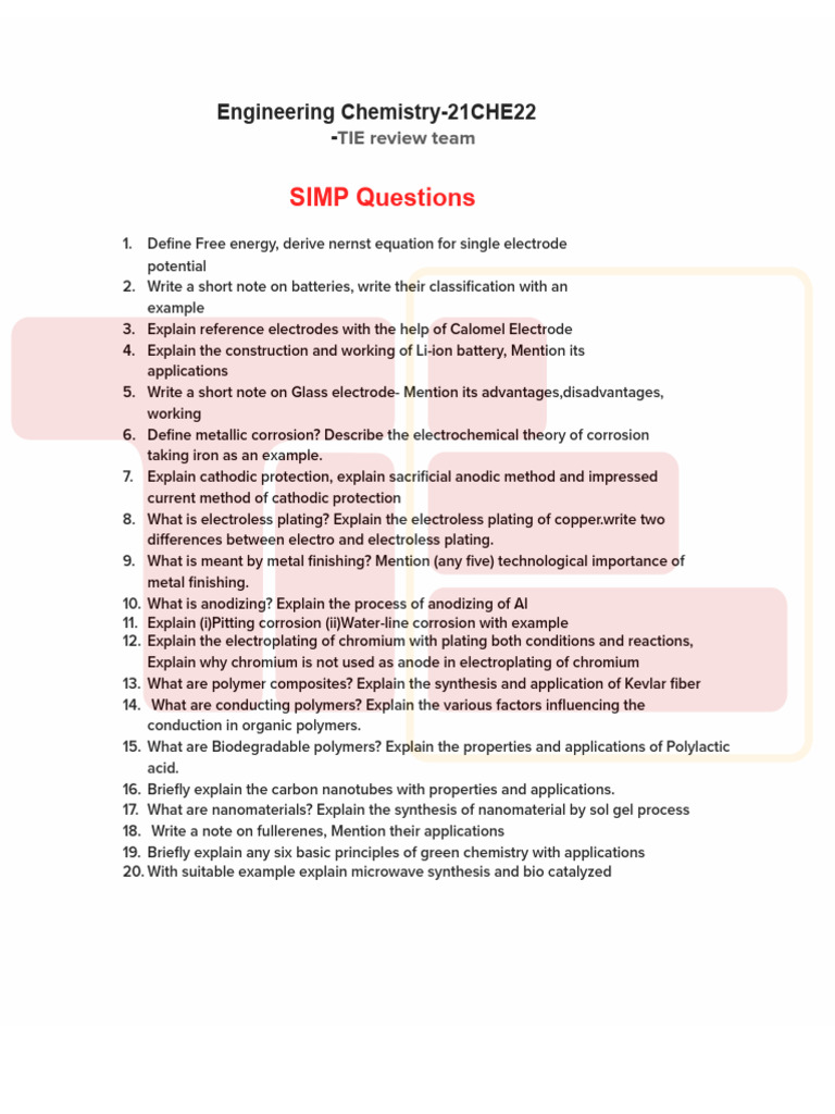 Engg Chem-Super Important Questions | PDF | Corrosion | Electrode