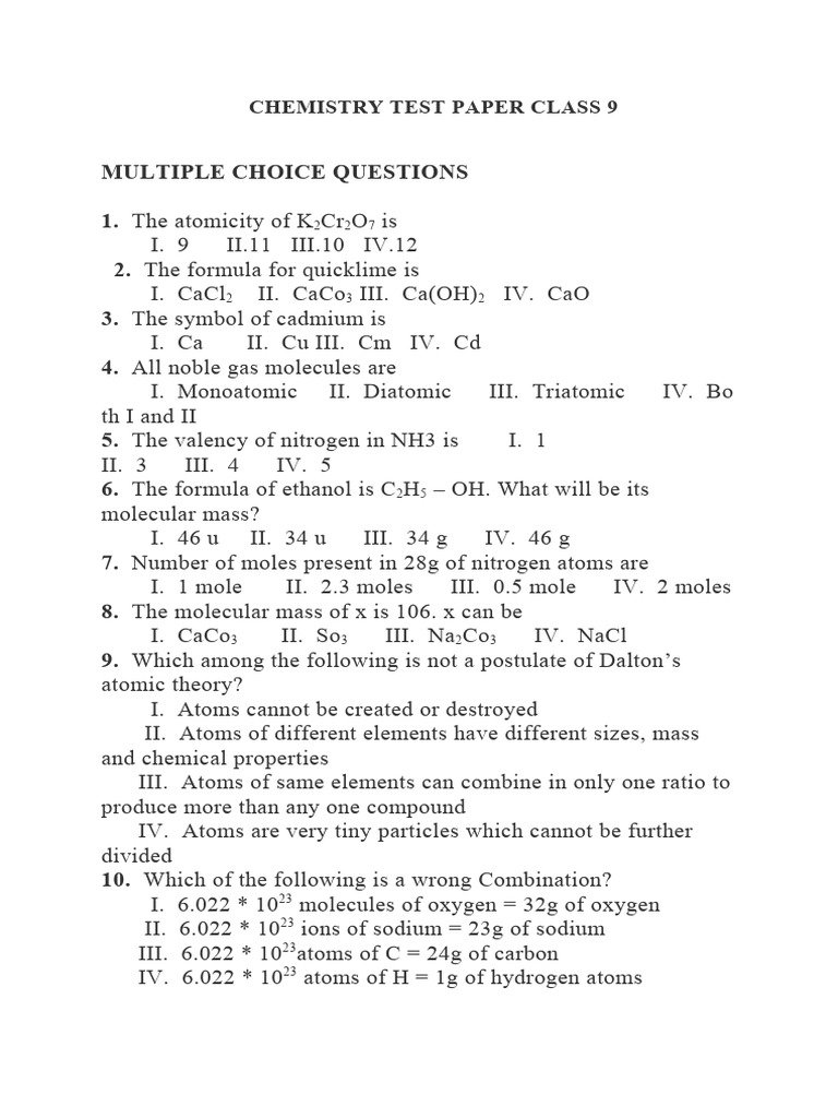 Chemistry Test Paper Class 9 | PDF | Atoms | Molecules