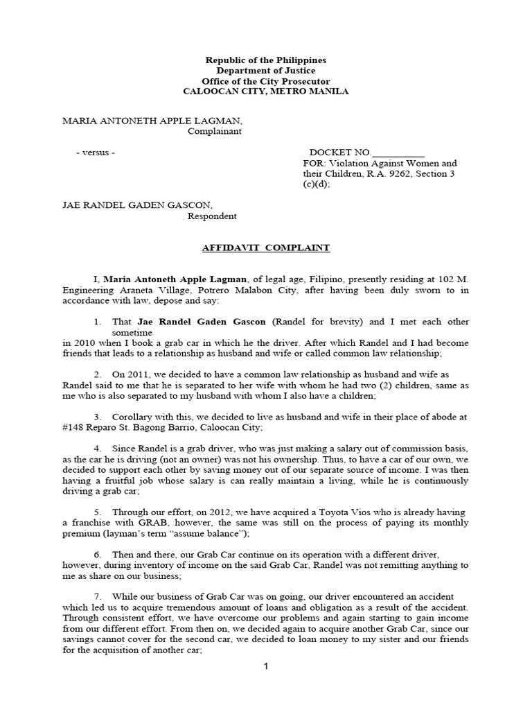 Complaint Affidavit Vawc | PDF | Affidavit Complaint Affidavit Vawc | PDF | Affidavit