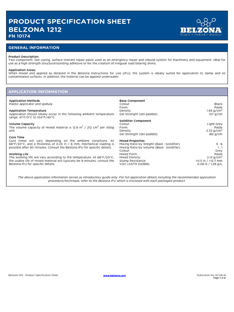 Belzona 1212 Specification Sheet | PDF | Density | Pascal (Unit)
