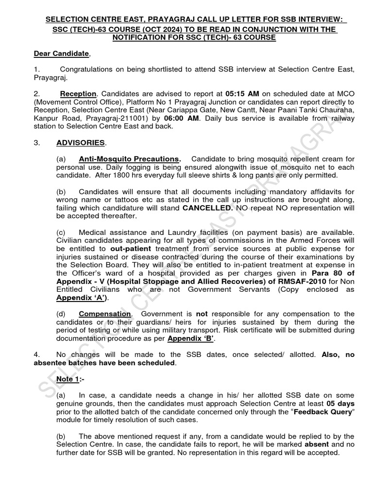 Call Up Letter Sce Prayagraj For SSC Tech 63 Oct 2024 Course | PDF ...