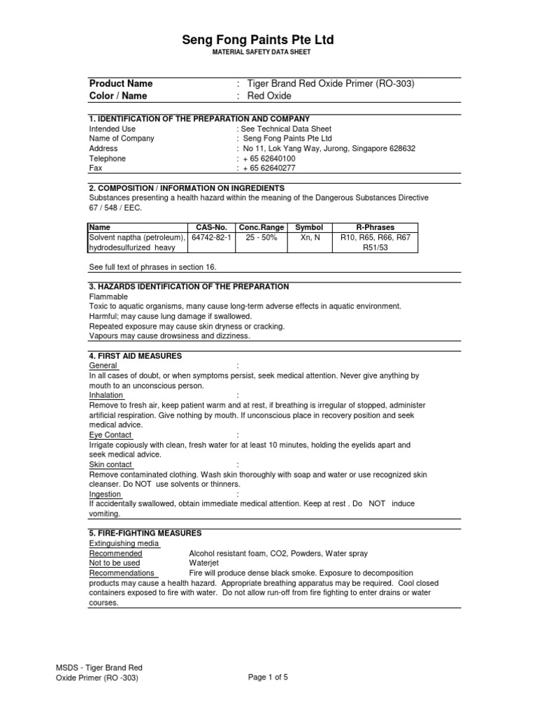 Tiger Brand Red Oxide Primer MSDS | PDF | Water | Solvent