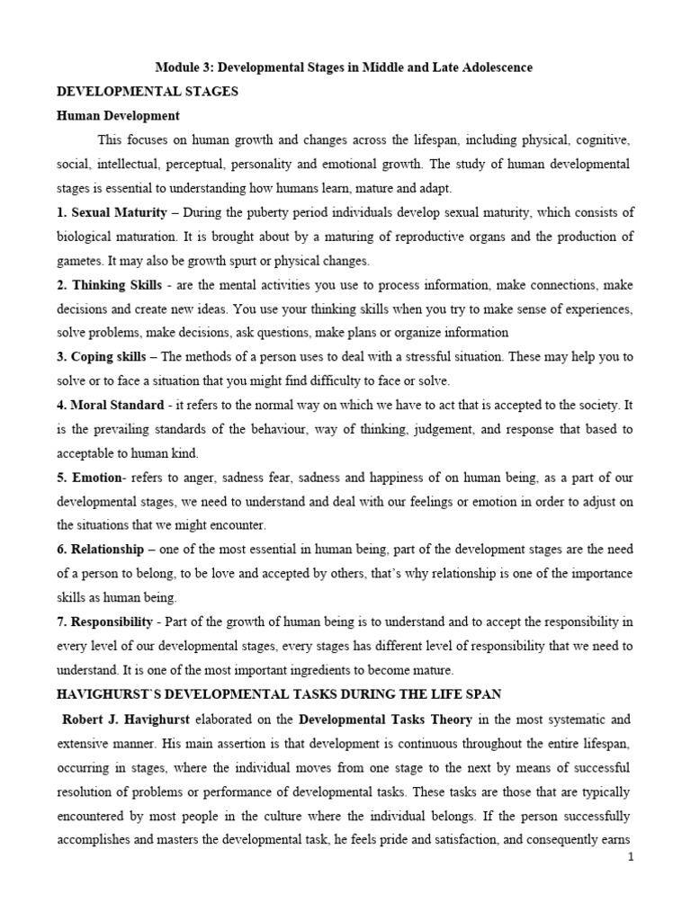 Module 3 Developmental Stages In Middle And Late Adolescence Pdf