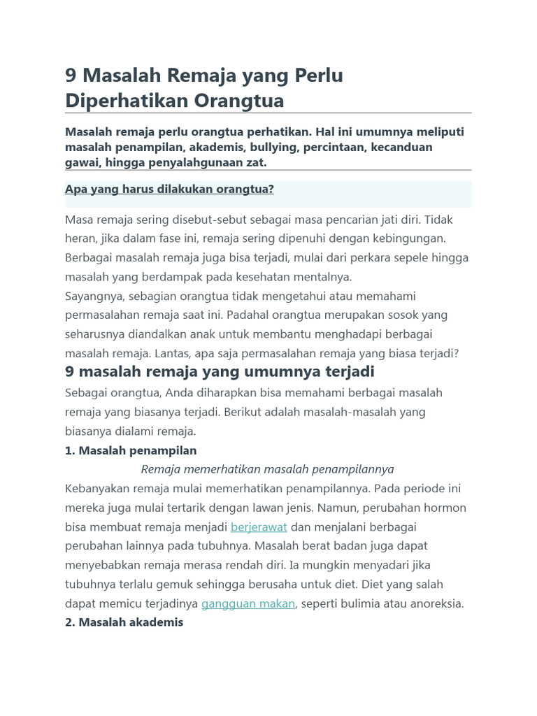 9 Masalah Remaja yang Perlu Diketahui Orangtua | PDF | Pengembangan ...