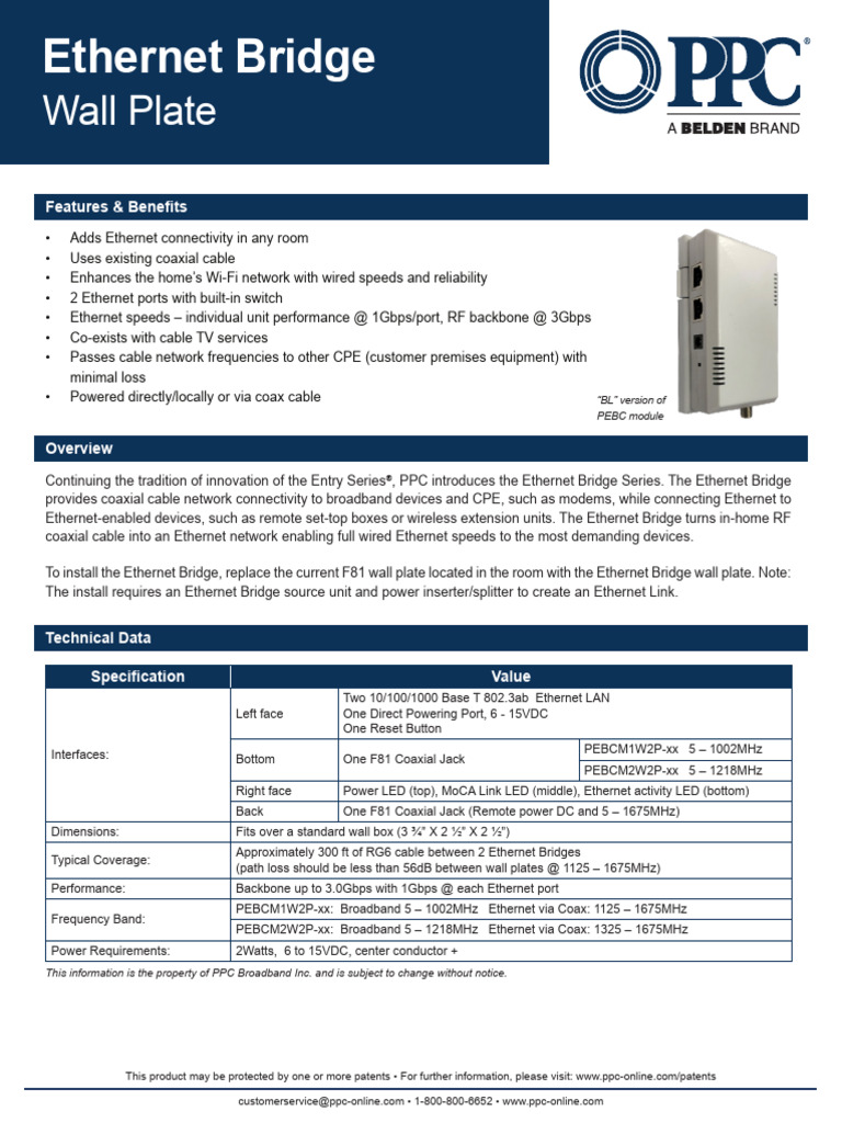 ethernet-bridge-US Spec-Sheet Rev1 05122021 | PDF | Cable Television | Customer Premises Equipment