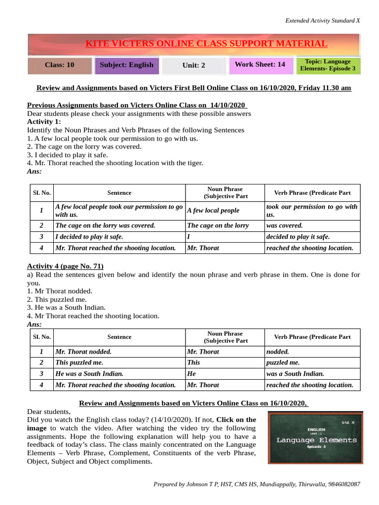 Kerala SSLC English Grammar Extended Activities Based on 16.10.2020 ...
