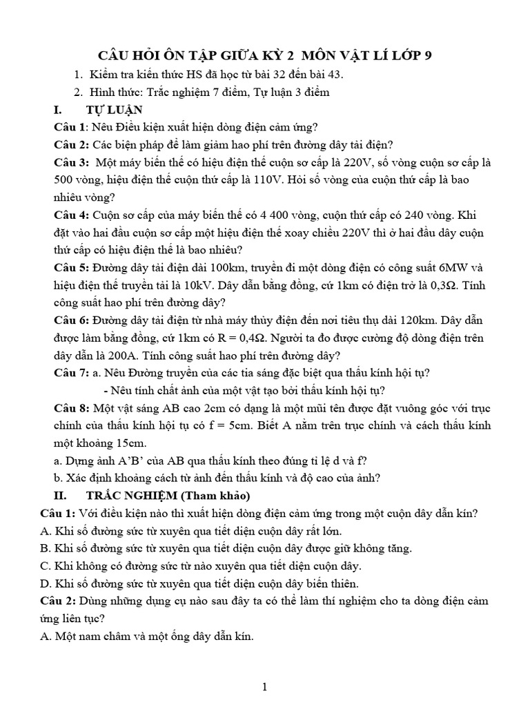 Câu hỏi ôn tập GK2 Lý 9 | PDF