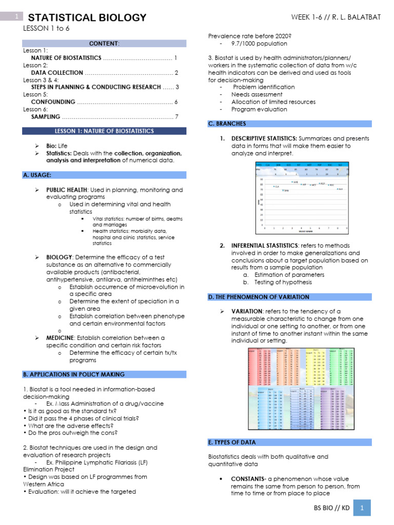 Statistical Biology: Lesson 1 To 6 Week 1-6 // R. L. Balatbat | PDF ...