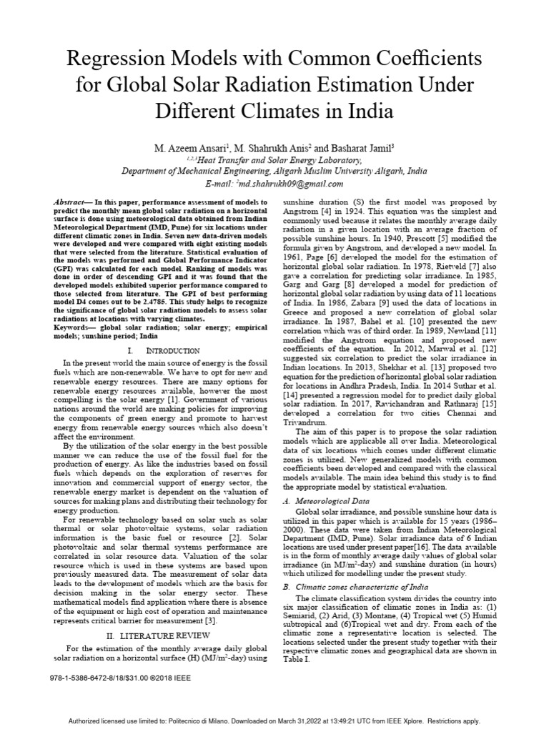 Regression Models With Common Coefficients For Global Solar Radiation Estimation Under Different