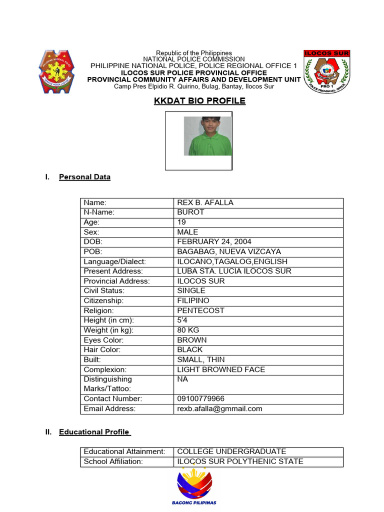 Kkdat Bio Profile: I. Personal Data | PDF | Philippines